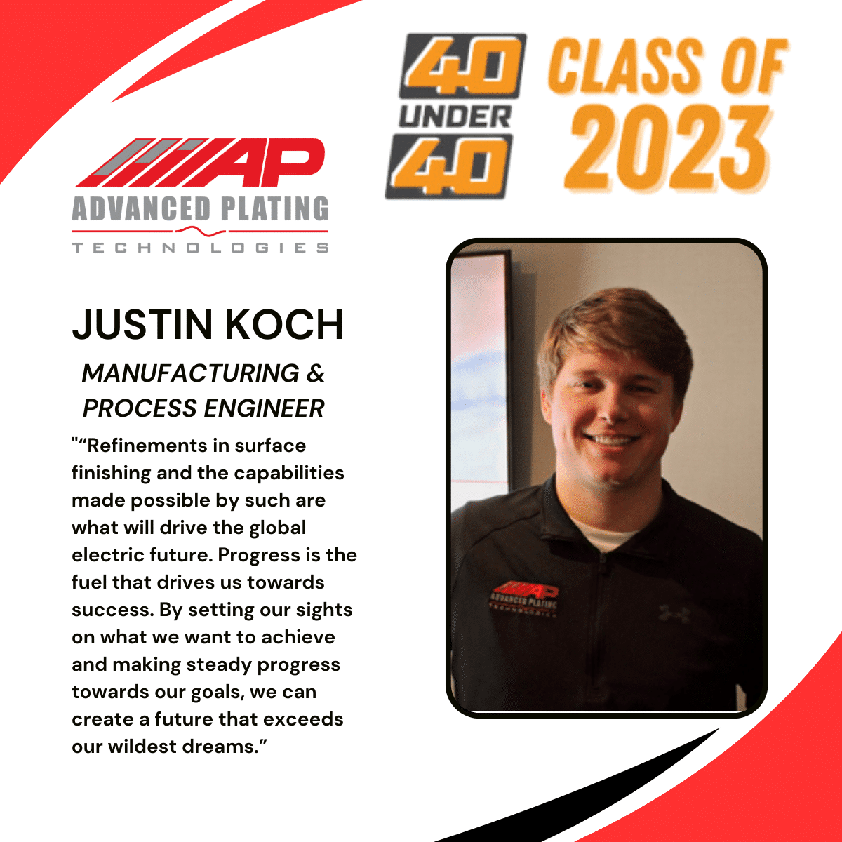 APT's Justin Koch awarded 40 Under 40: Class of 2023 - Advanced Plating ...
